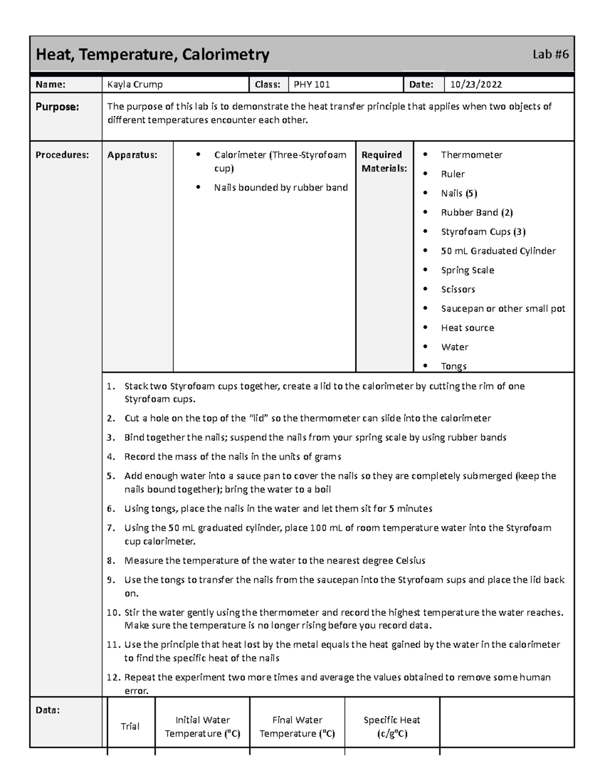 Lab 6 Physics 101 - Lab practice - Heat, Temperature, Calorimetry Lab ...