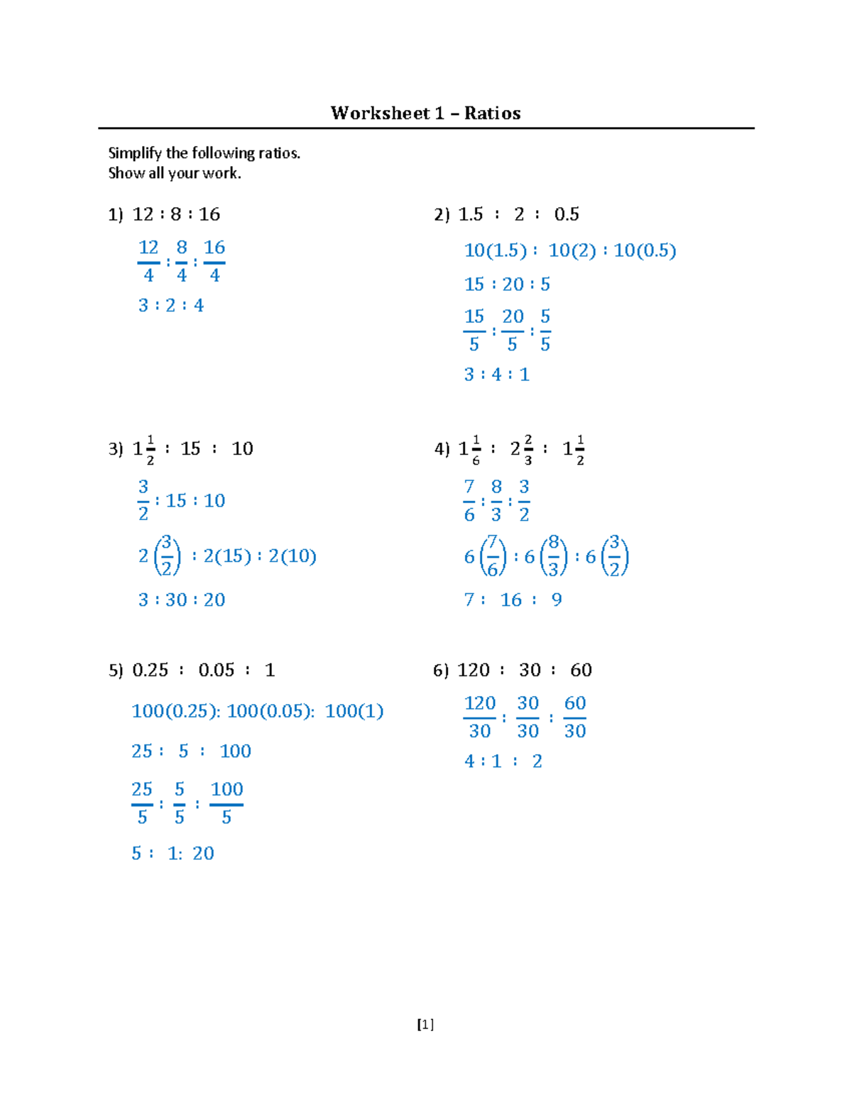 Worksheets - Week 9 - 1 Ratios and Proportions Solutions - [1 ...