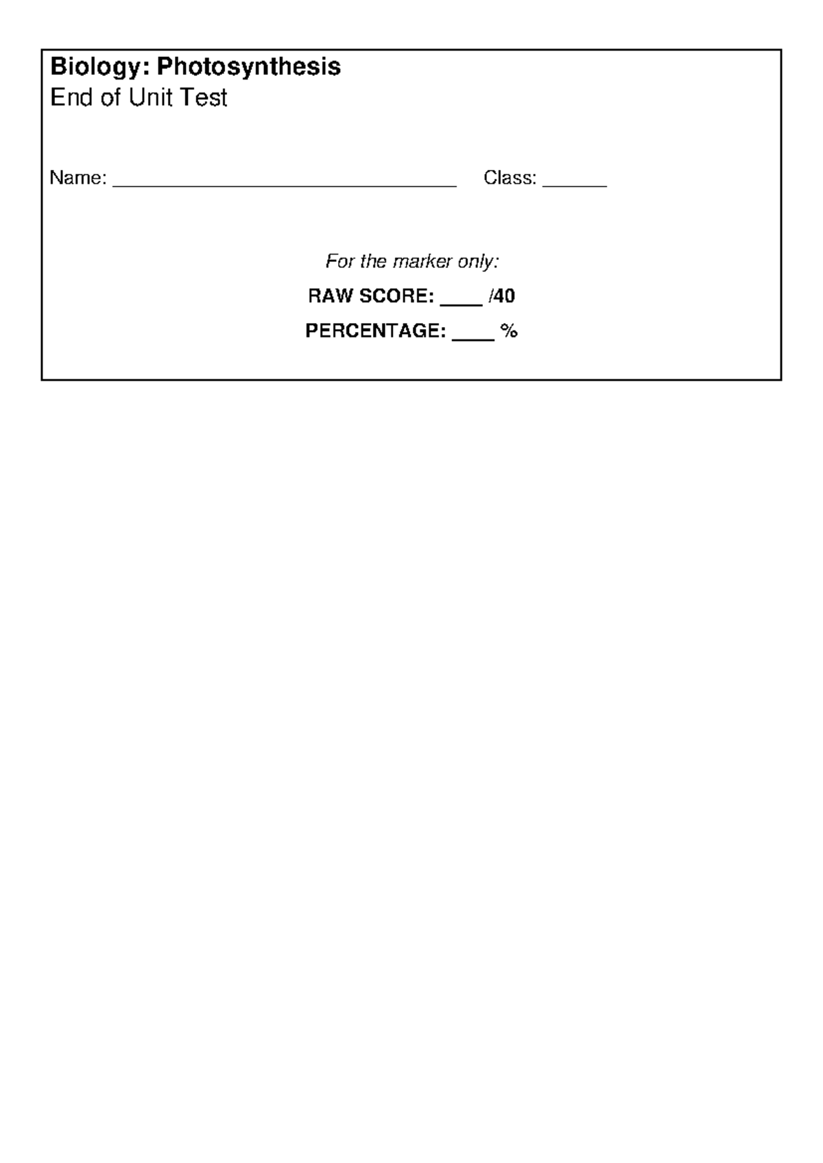 Photosynthesis Test Biology 1 - Biology: Photosynthesis End of Unit ...