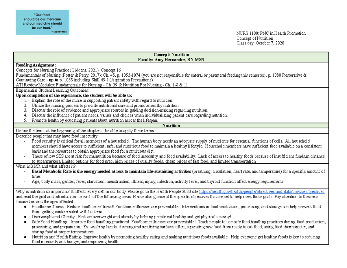 Nutrition - nursing notes - Concept of Nutrition Class day: October 7 ...