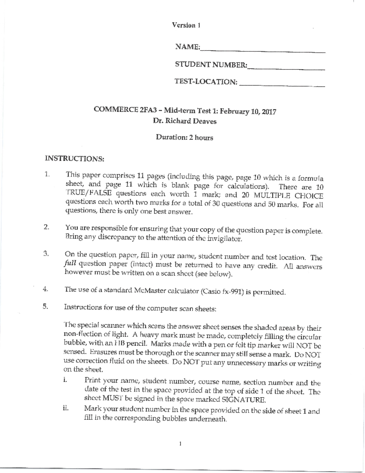 Midterm 1 2017 with answers - Commerce 2Fa3 - Studocu