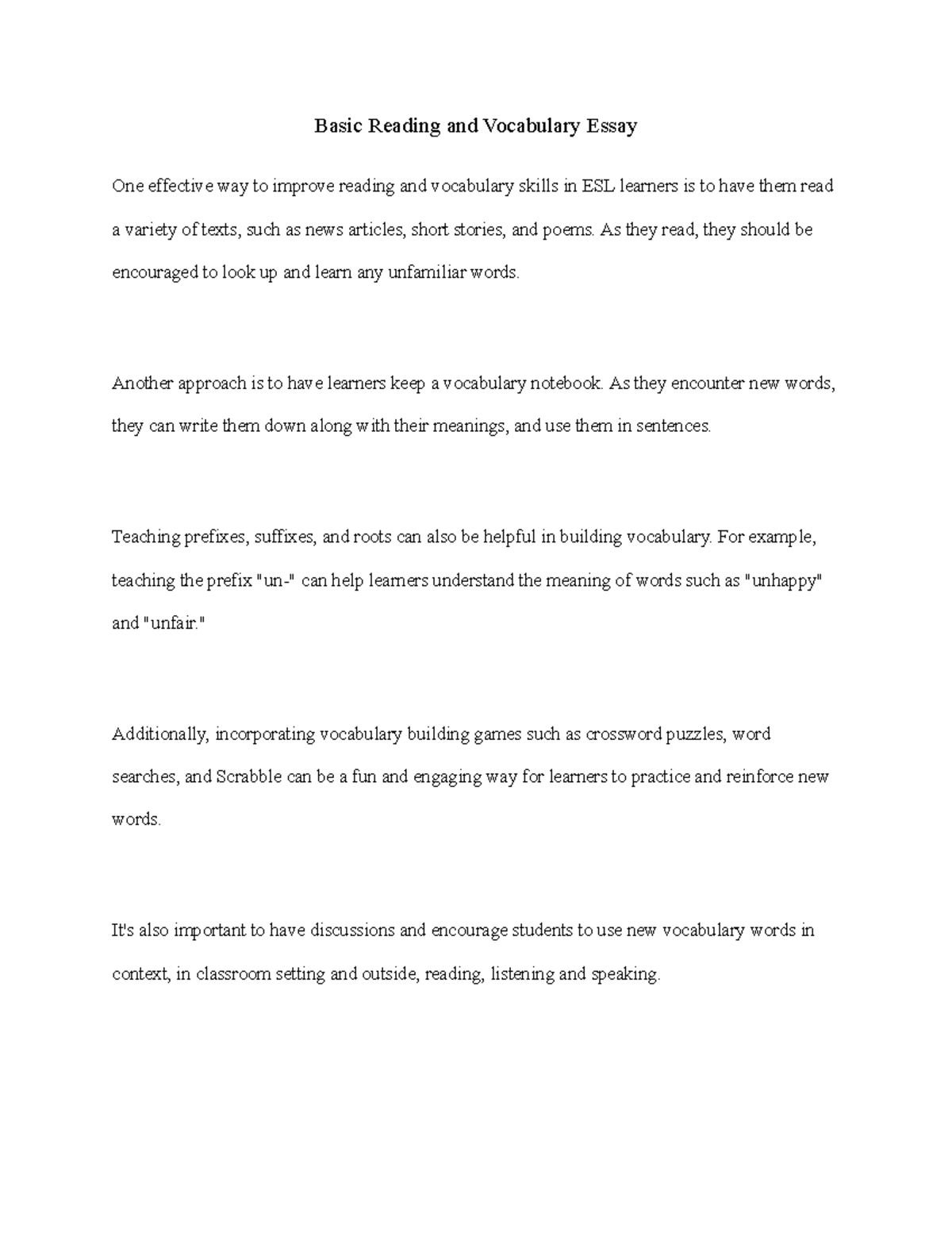 Basic Reading and Vocabulary Essay - As they read, they should be ...