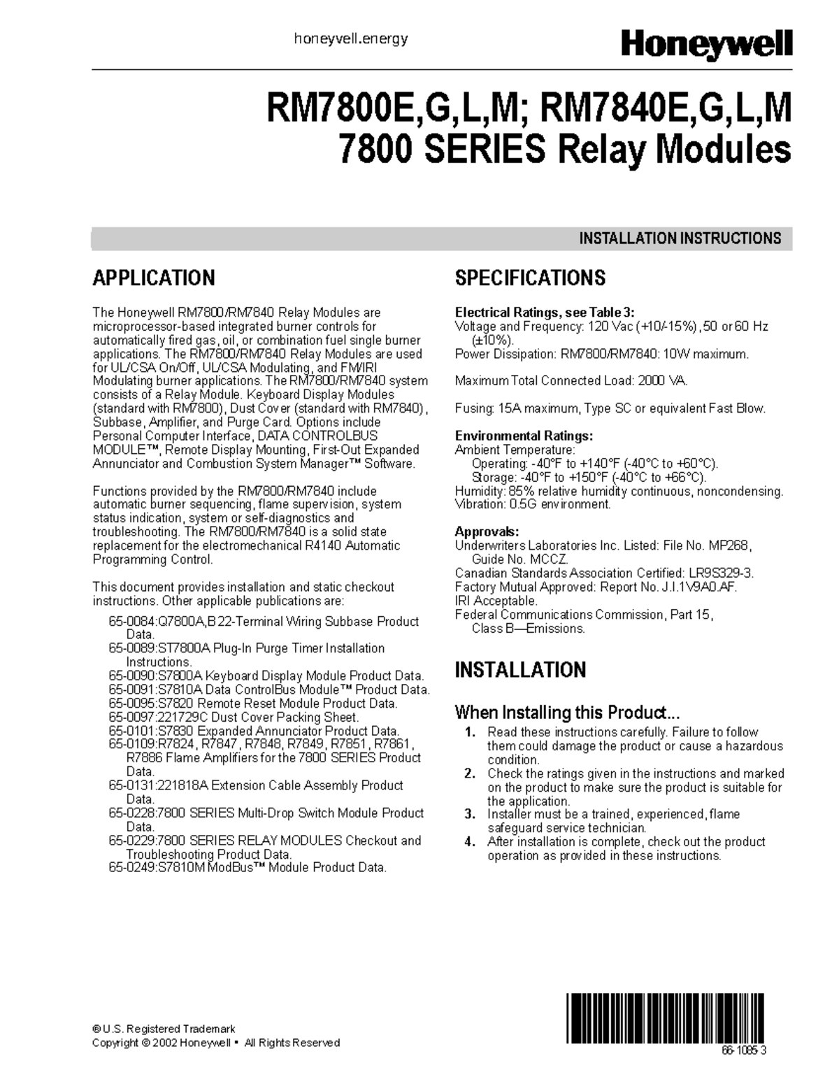 Honeywell RM7890B1014 (en) - INSTALLATION INSTRUCTIONS ####### 66-1085 ...