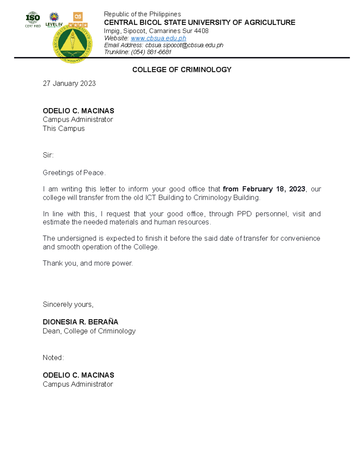 Request Letter - COLLEGE OF CRIMINOLOGY 27 January 2023 ODELIO C ...