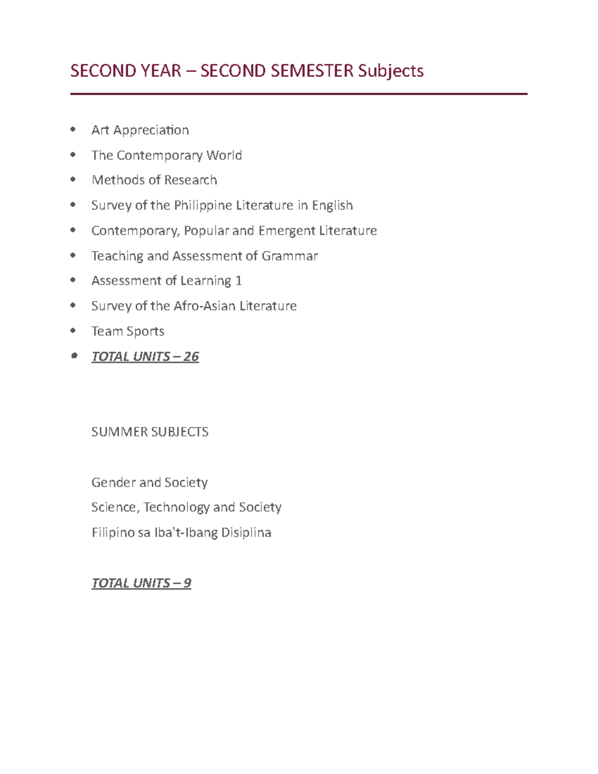 BSE-ELT - Prospectus of Mindoro State University - SECOND YEAR – SECOND ...
