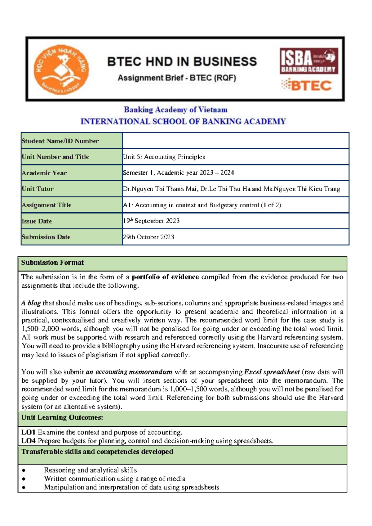 5.1. Unit 5-AAB-AP-A1-Report-Sun - Student Name/ID Number Unit Number and Title Unit 5 ...