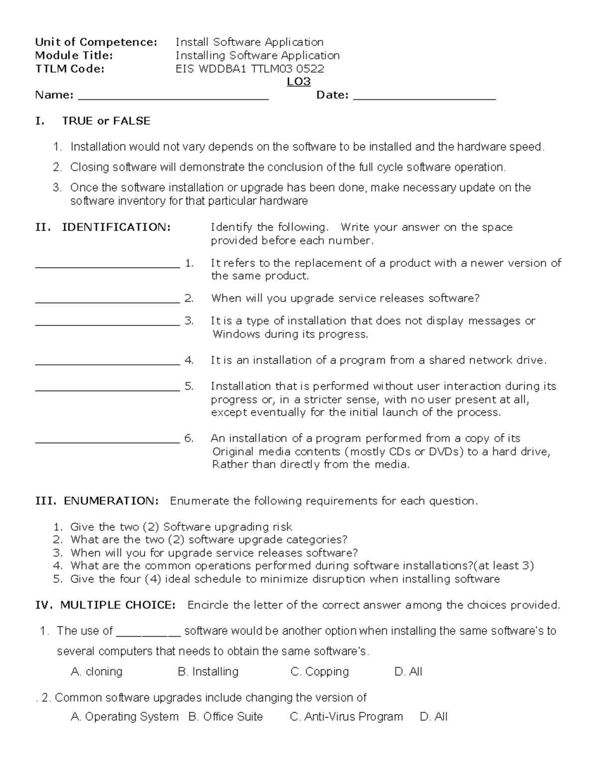 Assessment Packet - Copy - Copy - Unit of Competence: Install Software Application Module Title ...