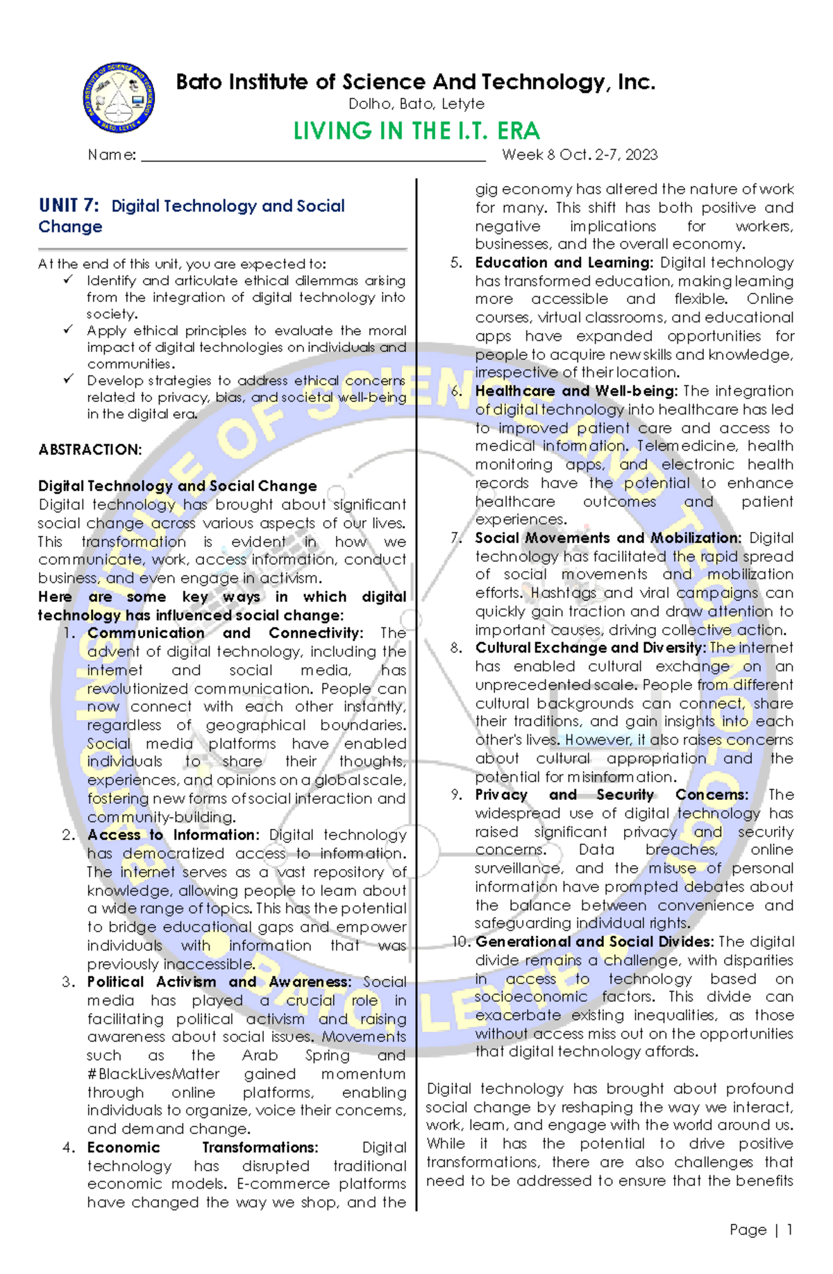 UNIT 7-Digital Technology and Social Change - Bato Institute of Science ...