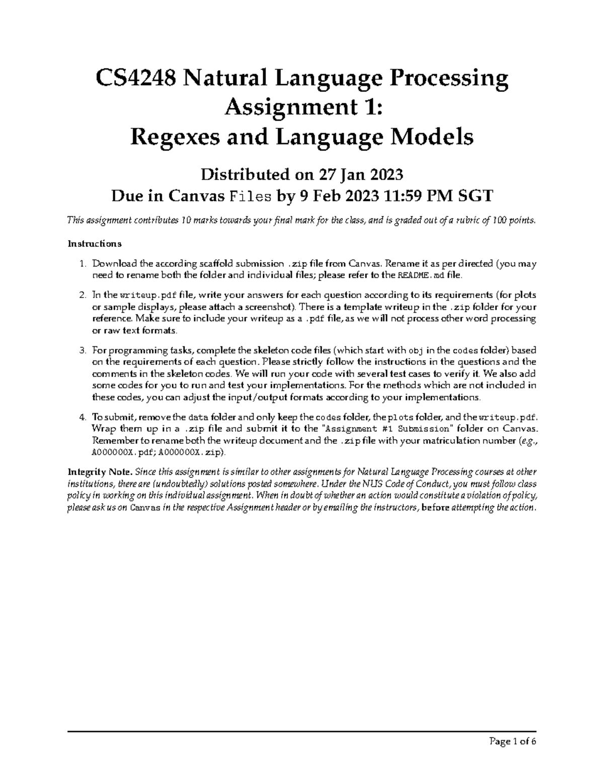 CS4248 Assignment 1 - CS4248 Natural Language Processing Assignment 1: Regexes and Language ...