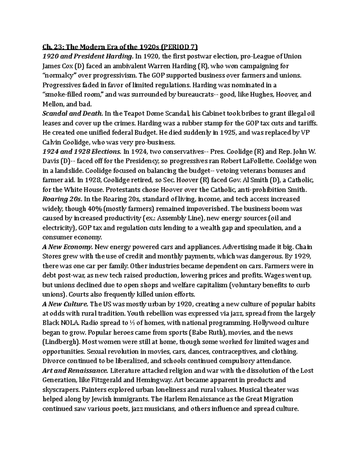 Chapter 7 and 8 - Ch. 23: The Modern Era of the 1920s (PERIOD 7) 1920 ...