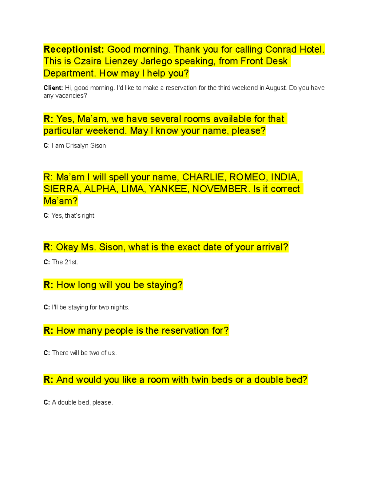 Receptionist - notes - Receptionist: Good morning. Thank you for ...