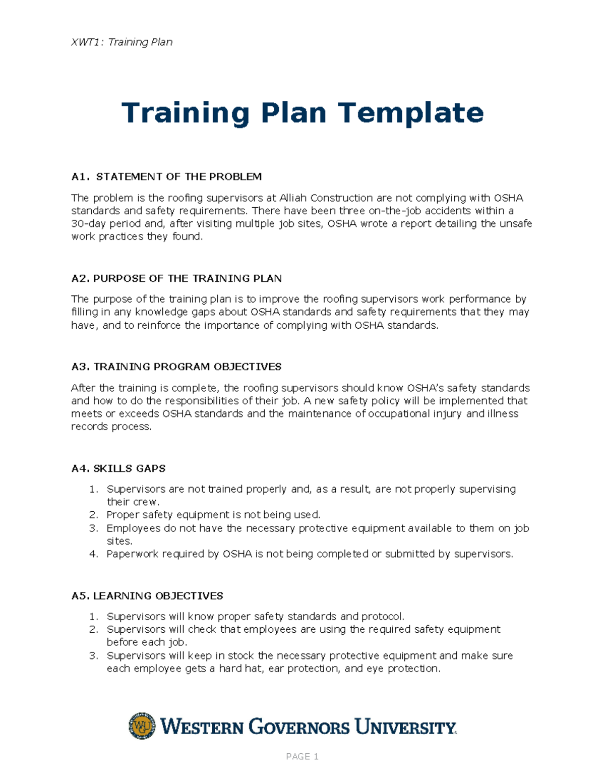 C235 Training and Development Task 1 - XWT1: Training Plan Training ...