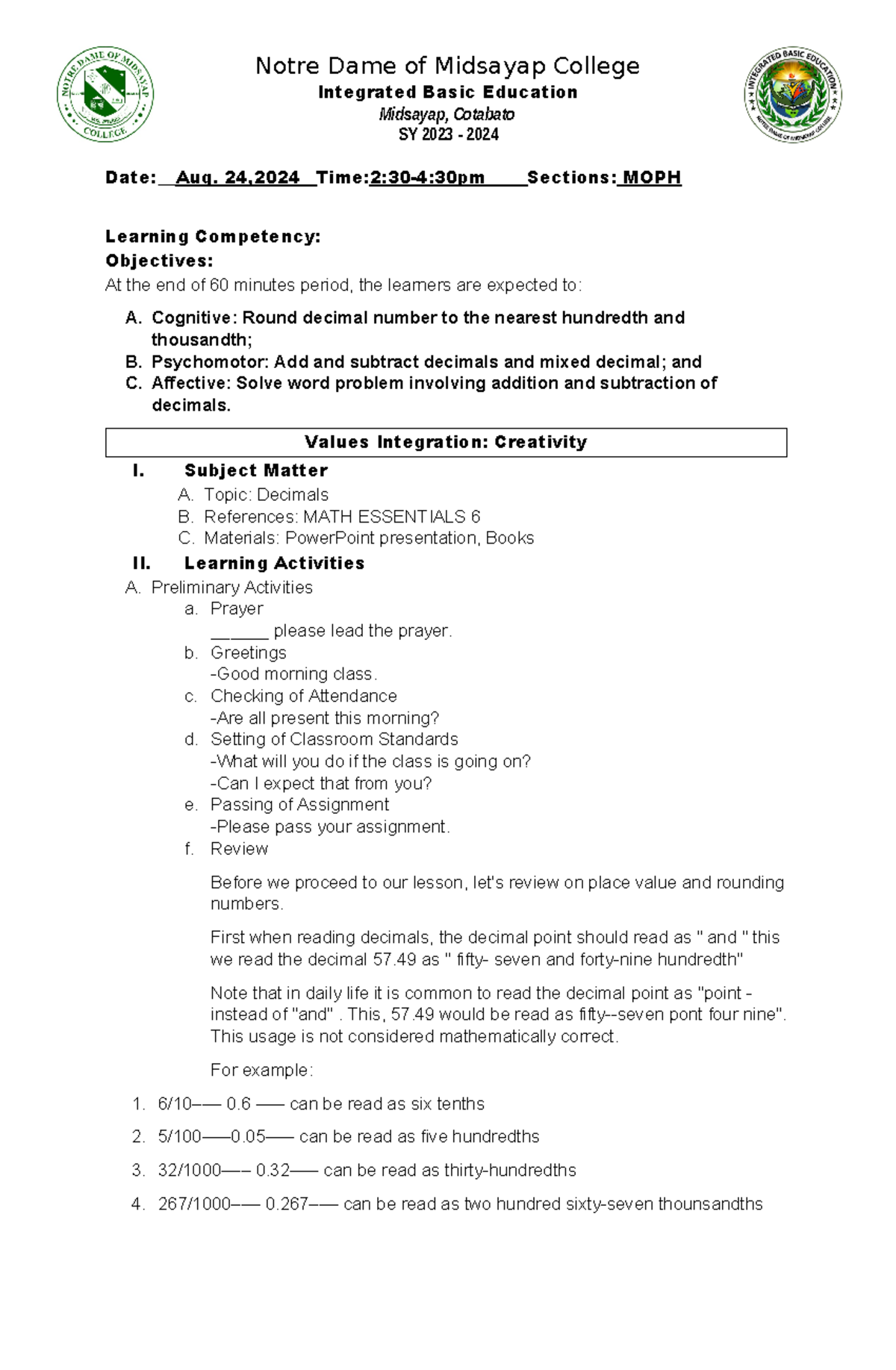 MATH 6 - This is a sample notes. - Integrated Basic Education Midsayap ...