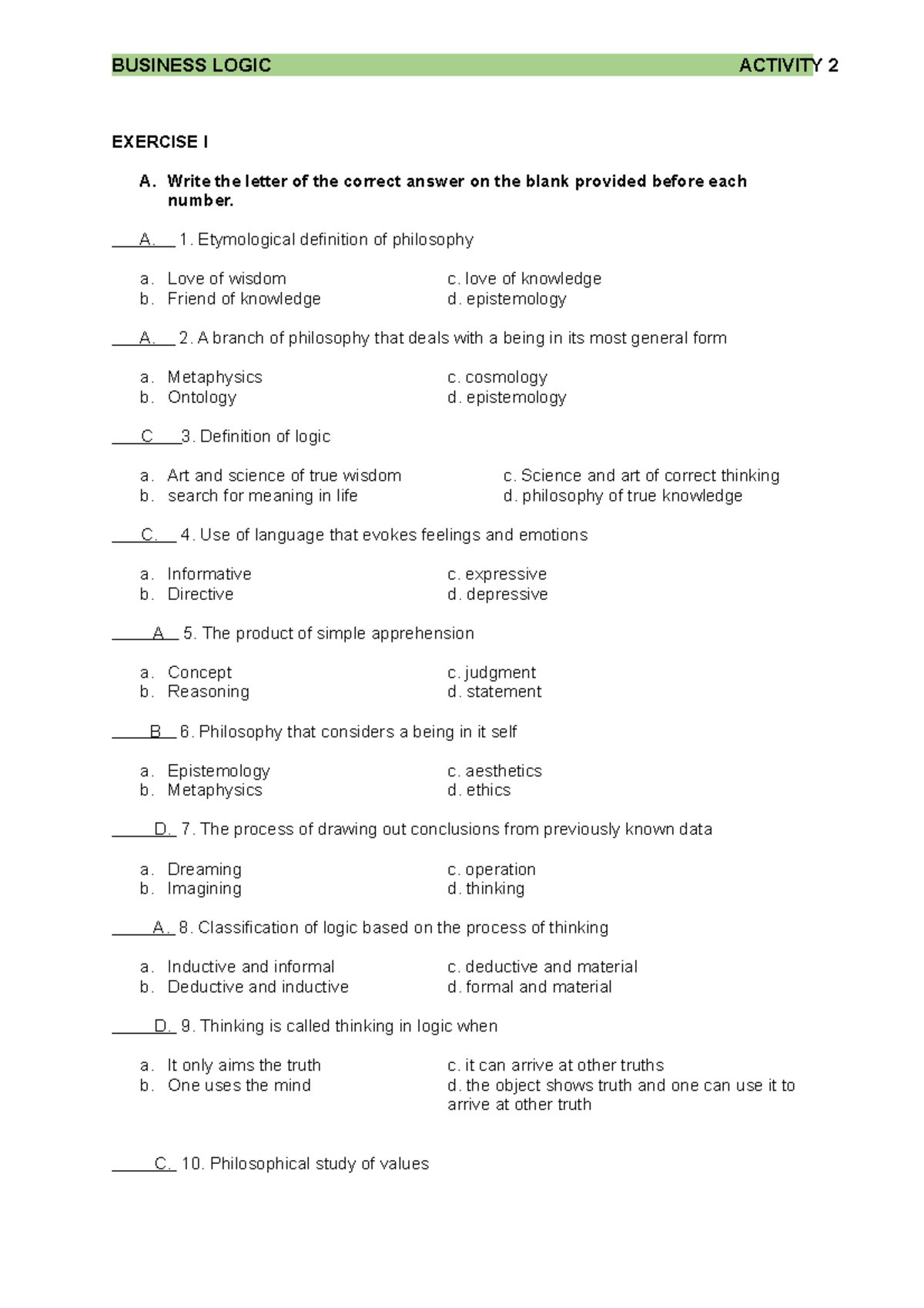 Activity 2-business logic - BUSINESS LOGIC ACTIVITY 2 EXERCISE I A ...