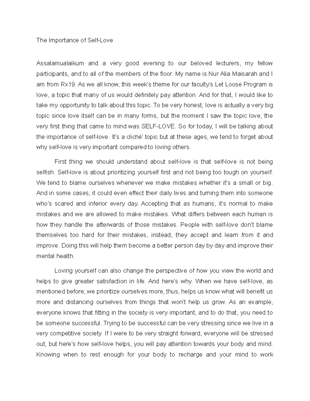 Let Loose - notes - The Importance of Self-Love Assalamualaikum and a ...