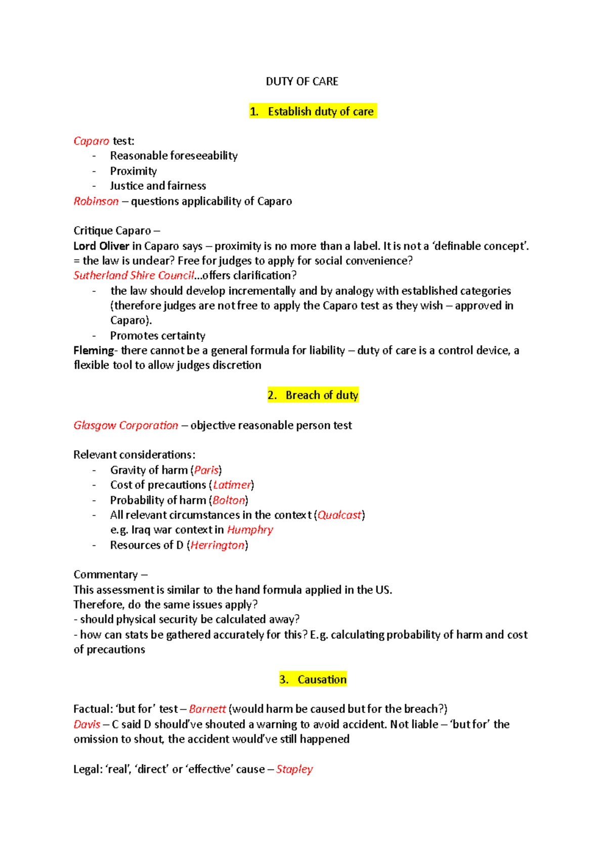 Duty of care - concise notes - DUTY OF CARE Establish duty of care ...