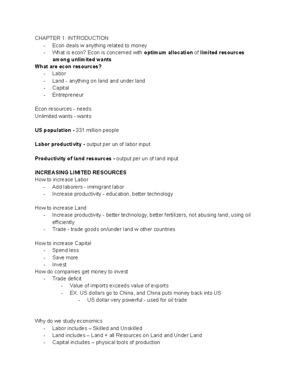 Chapter 1 Notes - CHAPTER 1: INTRODUCTION Econ deals w anything related ...