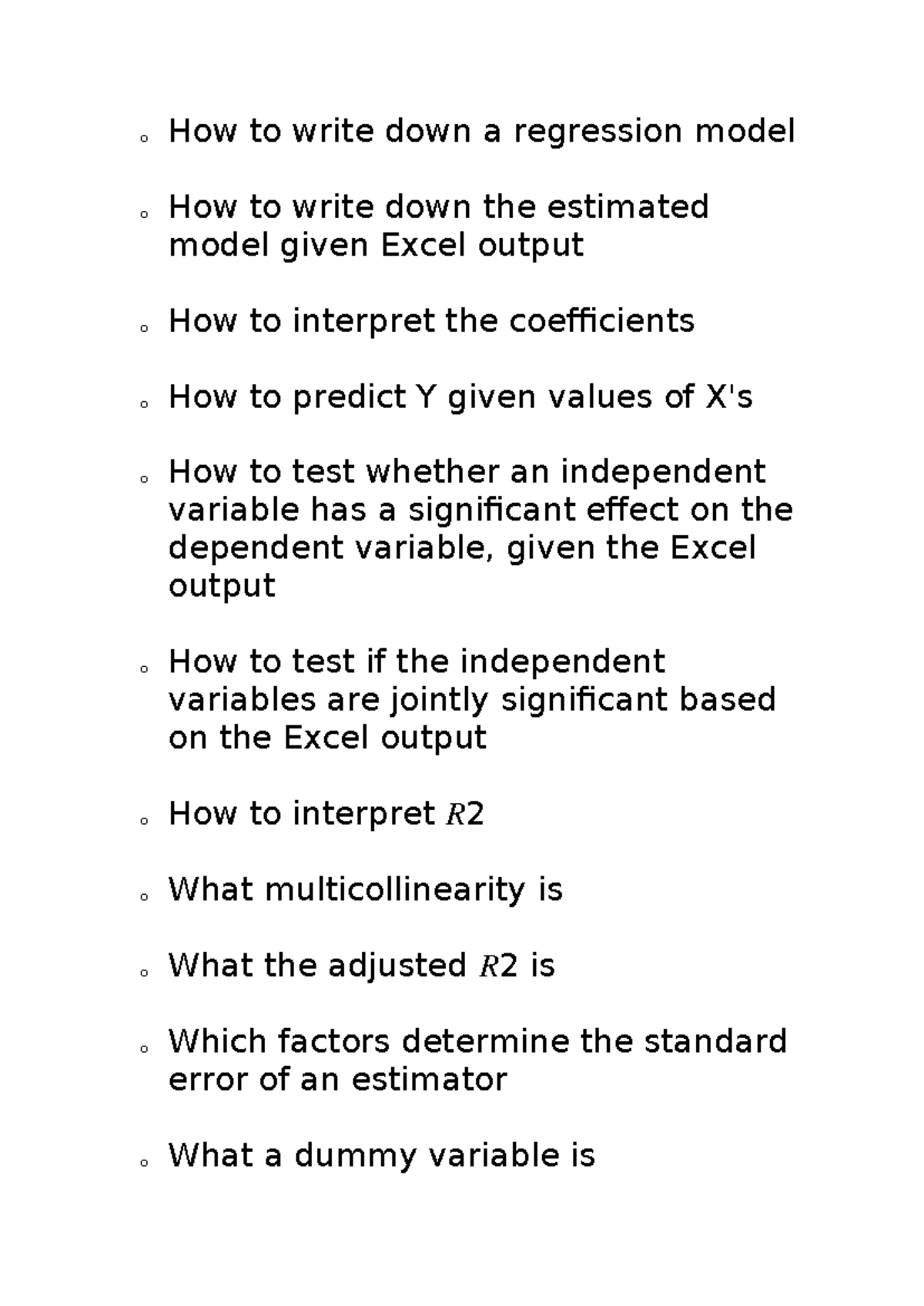 1. Descriptive Statistics Checklist - o How to write down a regression ...