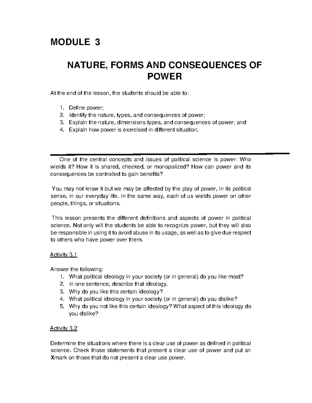 Module 3 - Nature, Forms and Consequences of Power - MODULE 3 NATURE ...