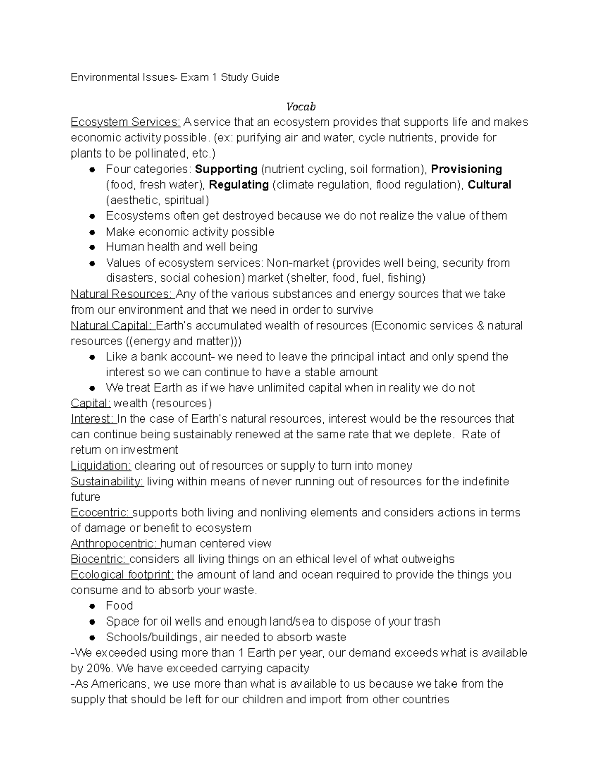 Exam 1 study guide - Environmental Issues- Exam 1 Study Guide Vocab ...