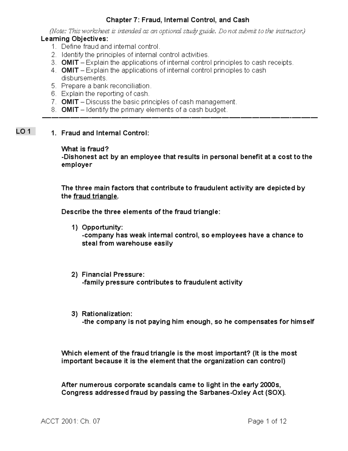 ACCT 2001 —Chapter 7 Study Guide - Chapter 7: Fraud, Internal Control ...