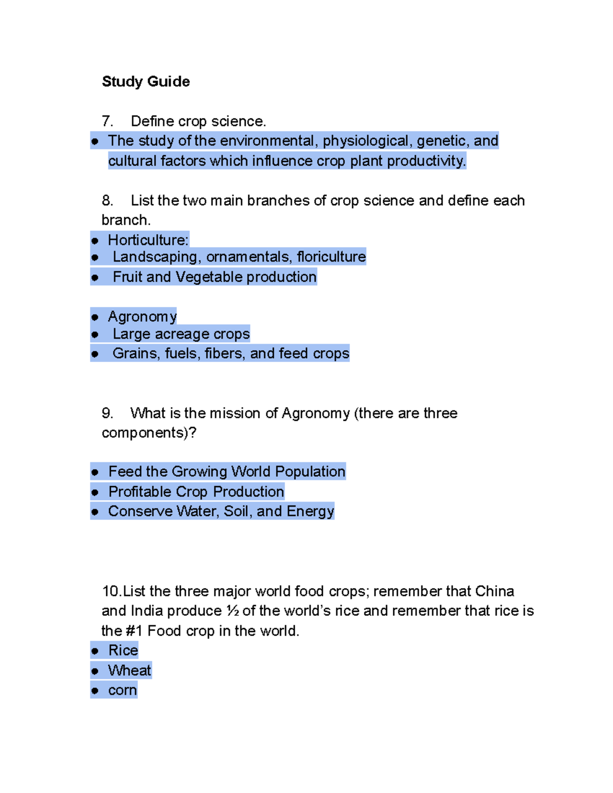 Study Guide for crop science - Study Guide Define crop science. The ...