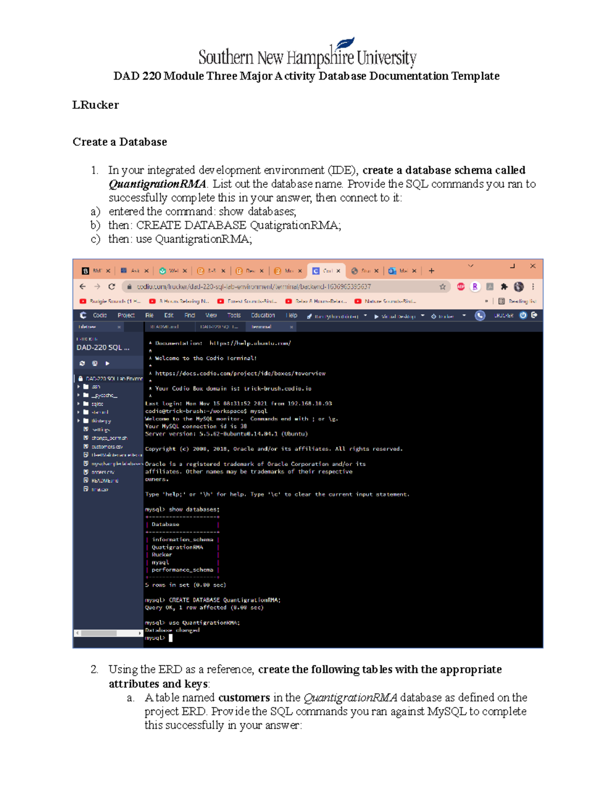 DAD 220 Module Three Major Activity Database Documentation Template - List out the database name ...