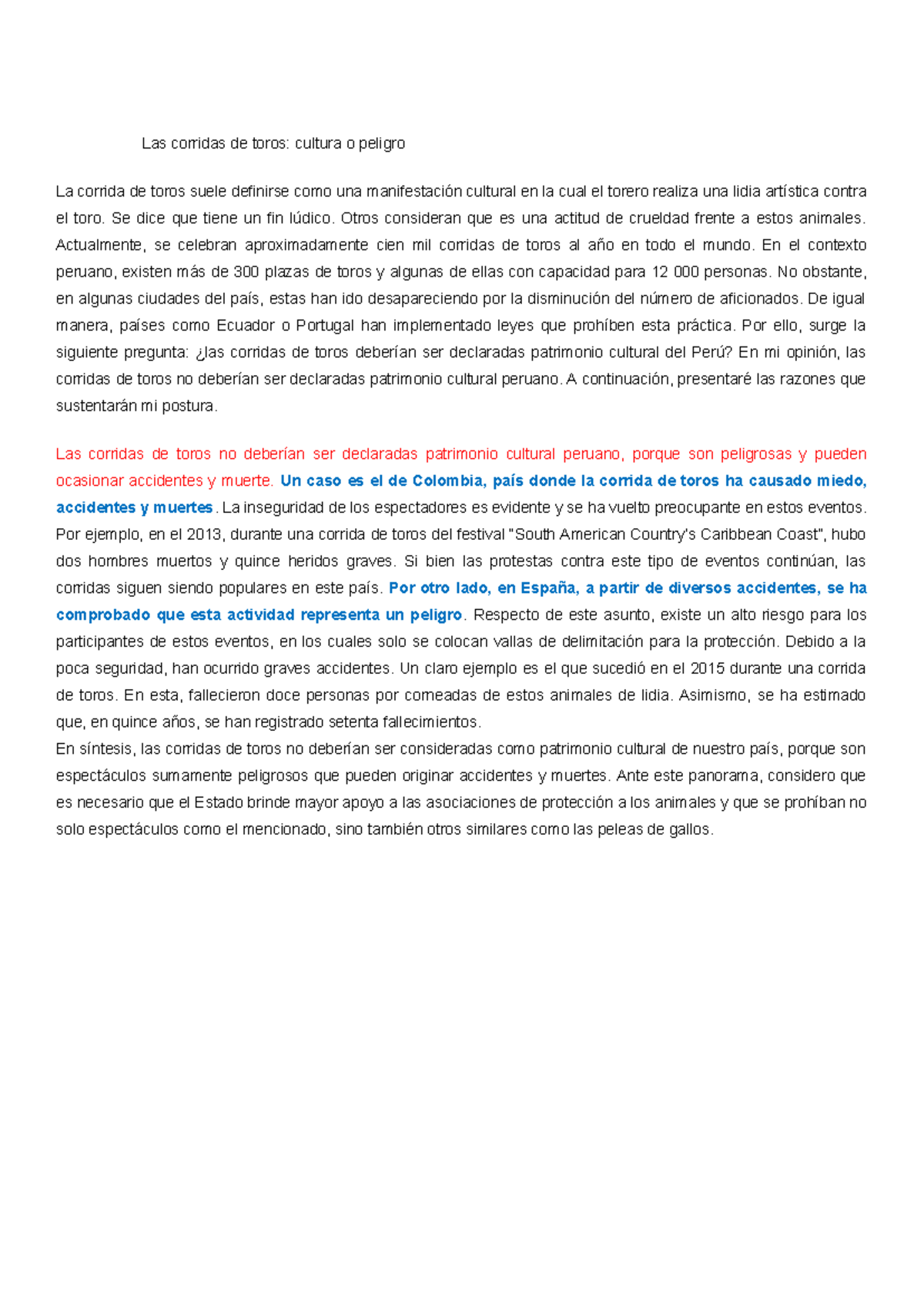 ,,Modelo de texto - Las corridas de toros: cultura o peligro La corrida ...