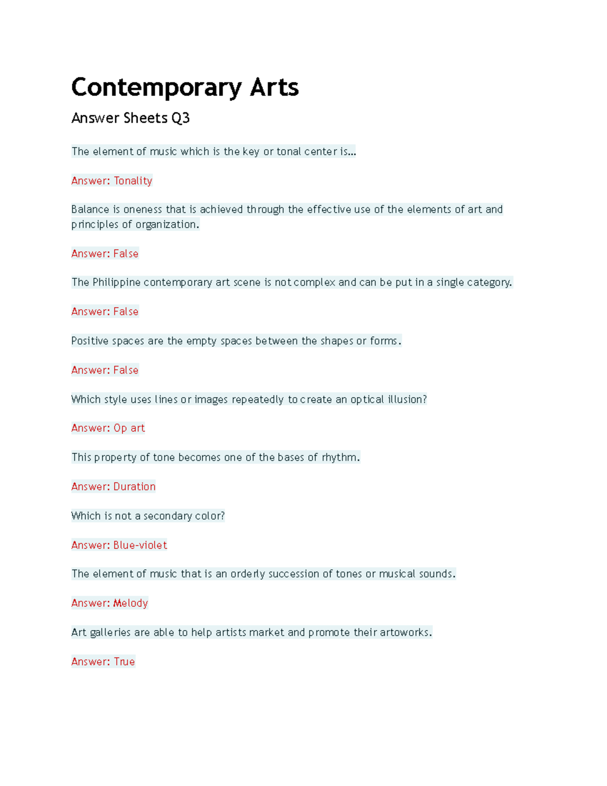 CPAR Oed Answer Sheets Q3 - Contemporary Arts Answer Sheets Q The ...