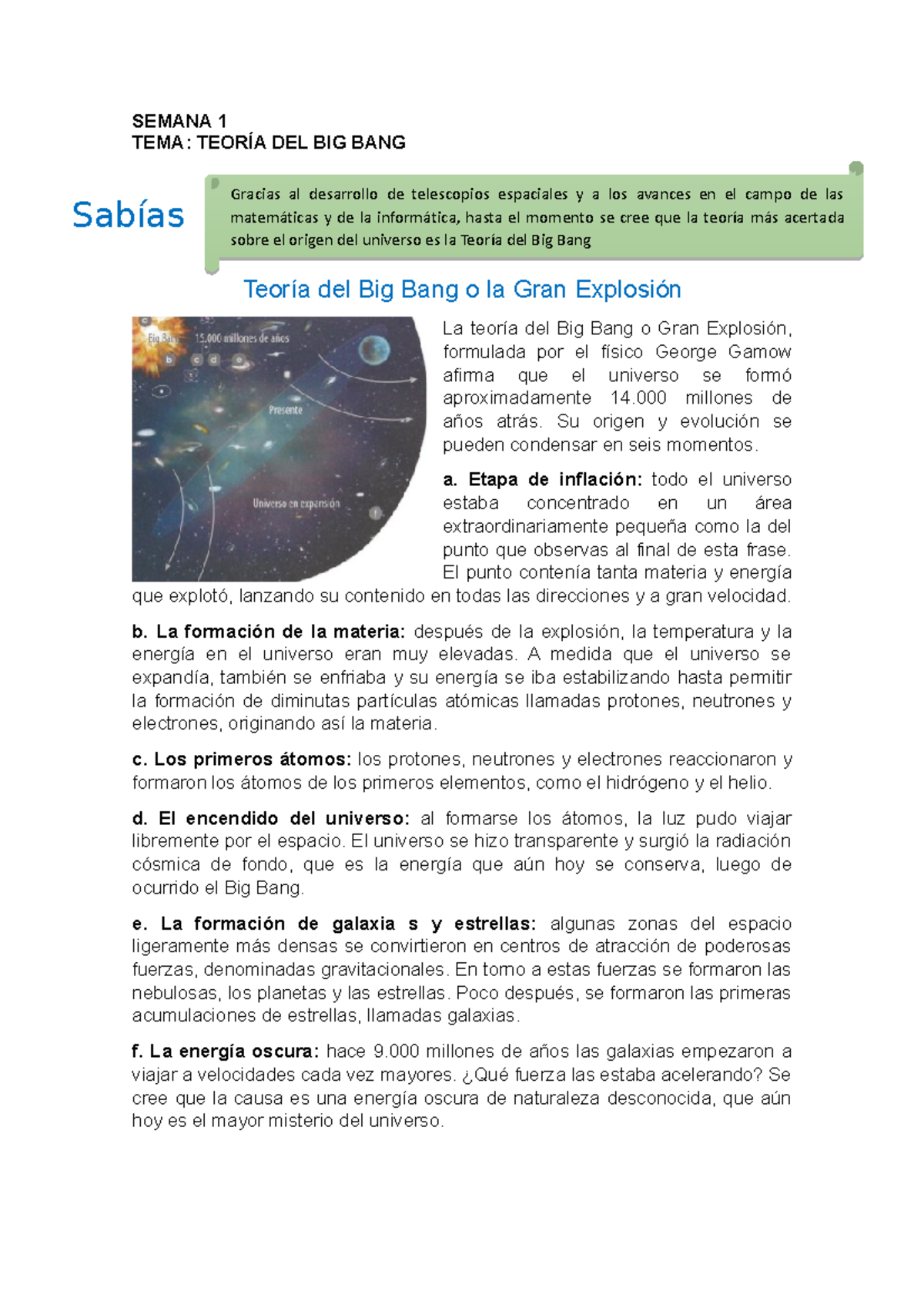 Proyecto 7 CCNN Noveno - SEMANA 1 TEMA: TEORÍA DEL BIG BANG Teoría del ...