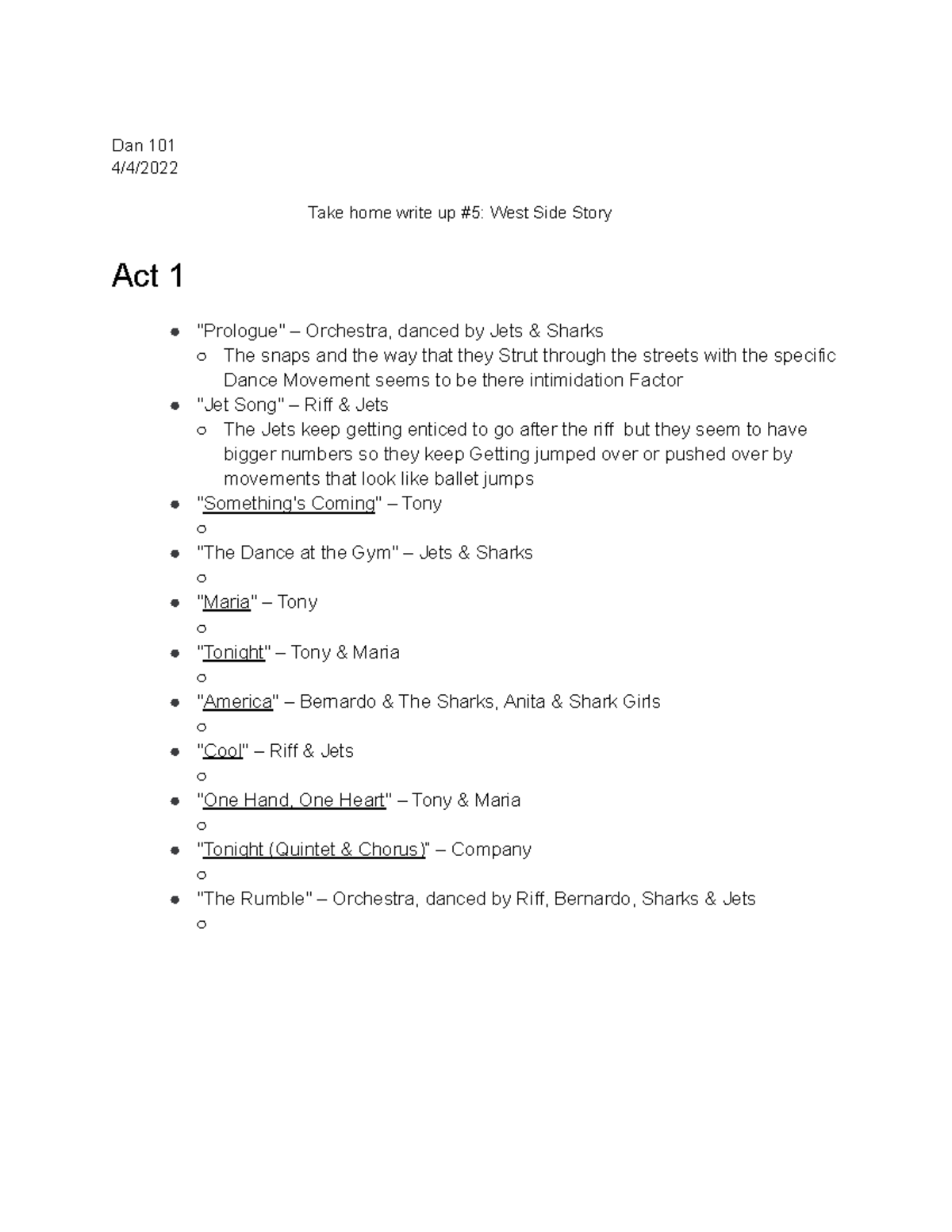 Take home write up #5 West Side Story - Dan 101 4/4/ Take home write up ...