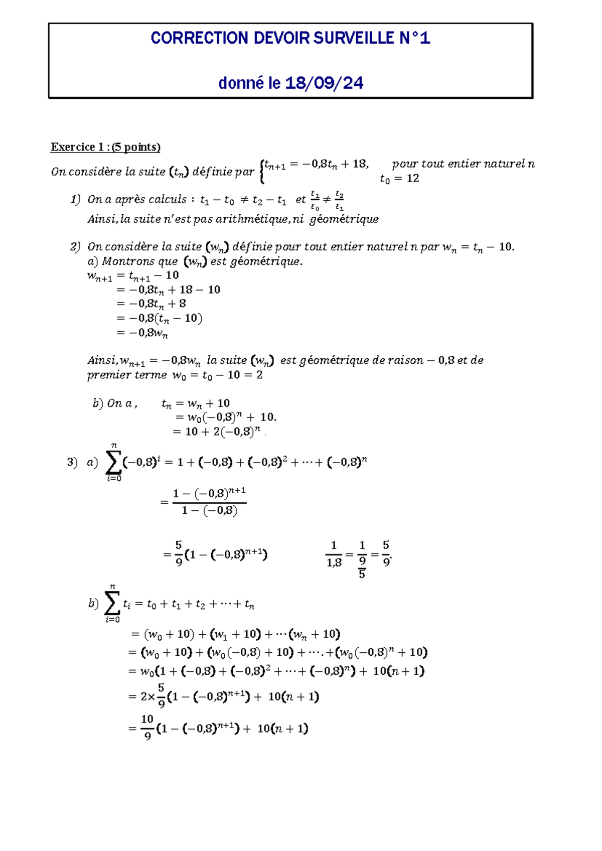 Correction Devoir Surveille N°1 T1 - CORRECTION DEVOIR SURVEILLE N° donné le 18/09/ Exercice 1 ...