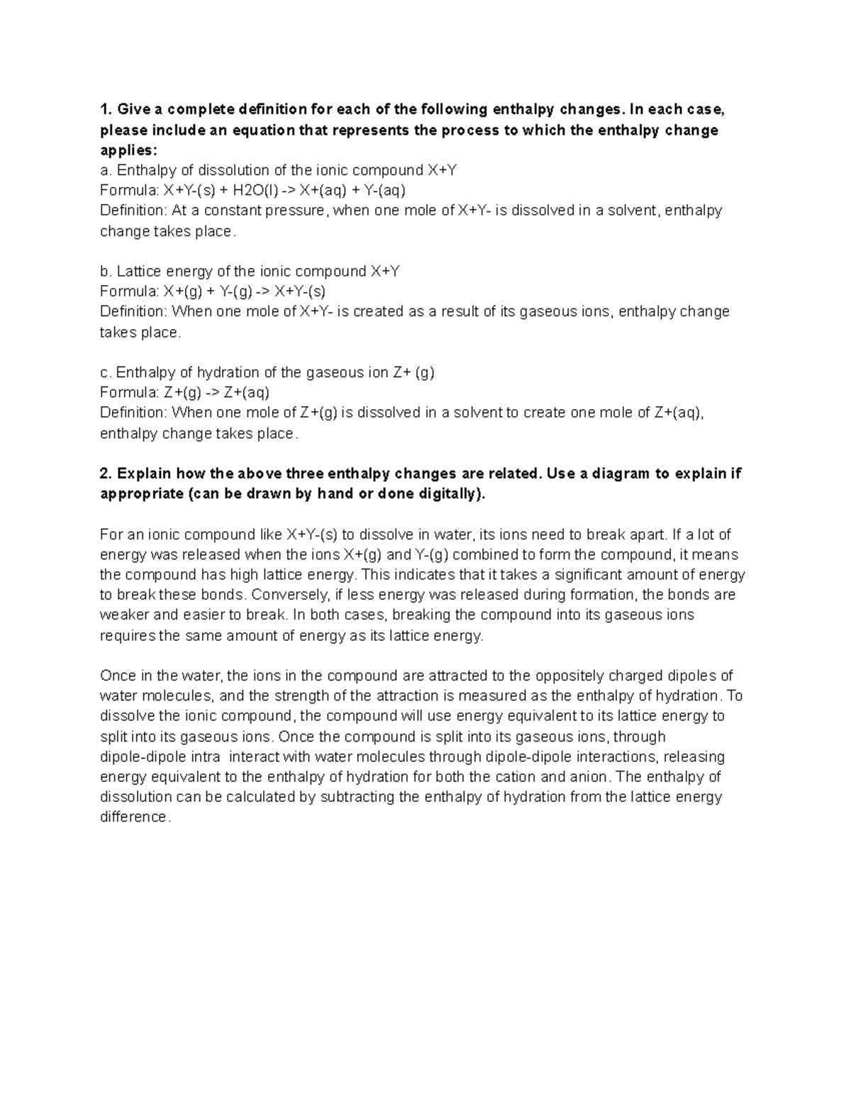 Pre-Lab Questions - pre-lab - Give a complete definition for each of the following enthalpy ...