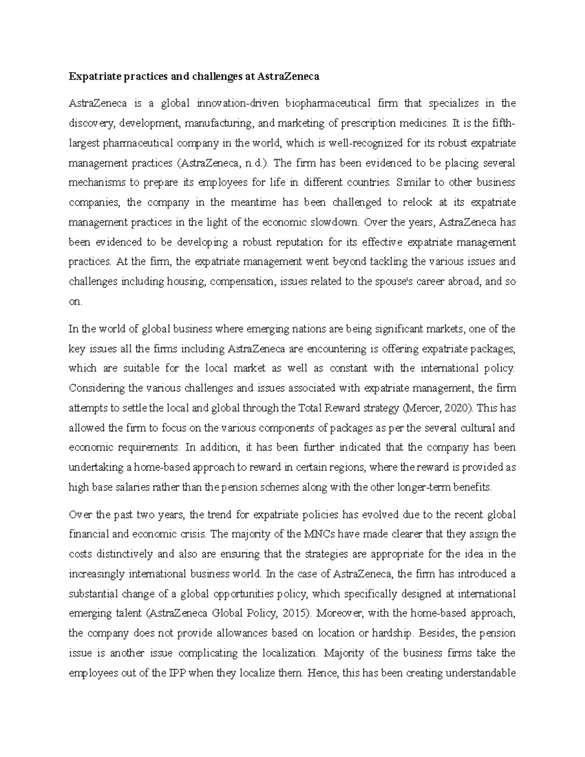 Expatriate practices and challenges at Astra Zeneca - Expatriate ...