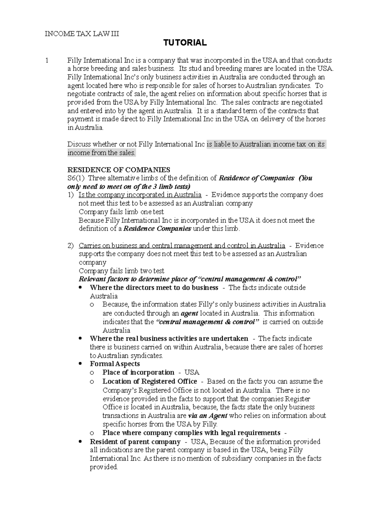 Income Tax Law Tutorial Questions Answers ACCT5017 UniSA Studocu