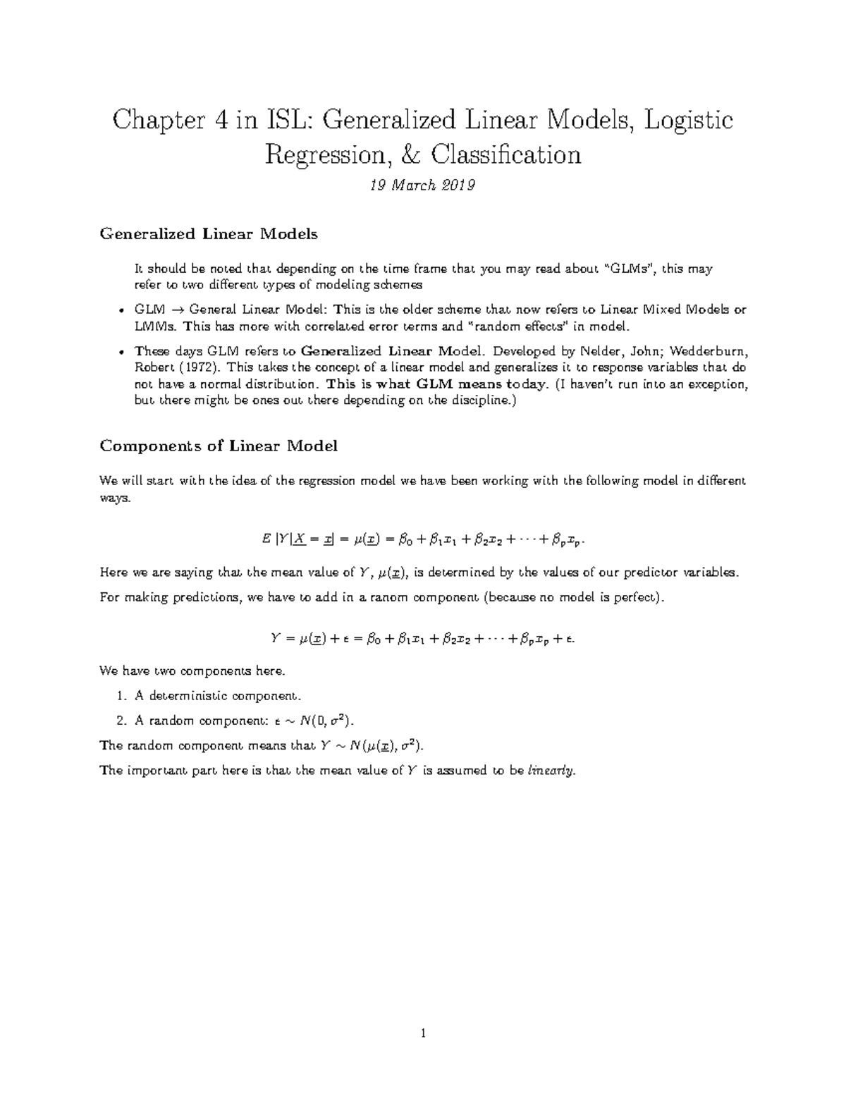 Lec11 Lecture Notes On Stats Modeling Chapter 4 In Isl Generalized Linear Models Logistic