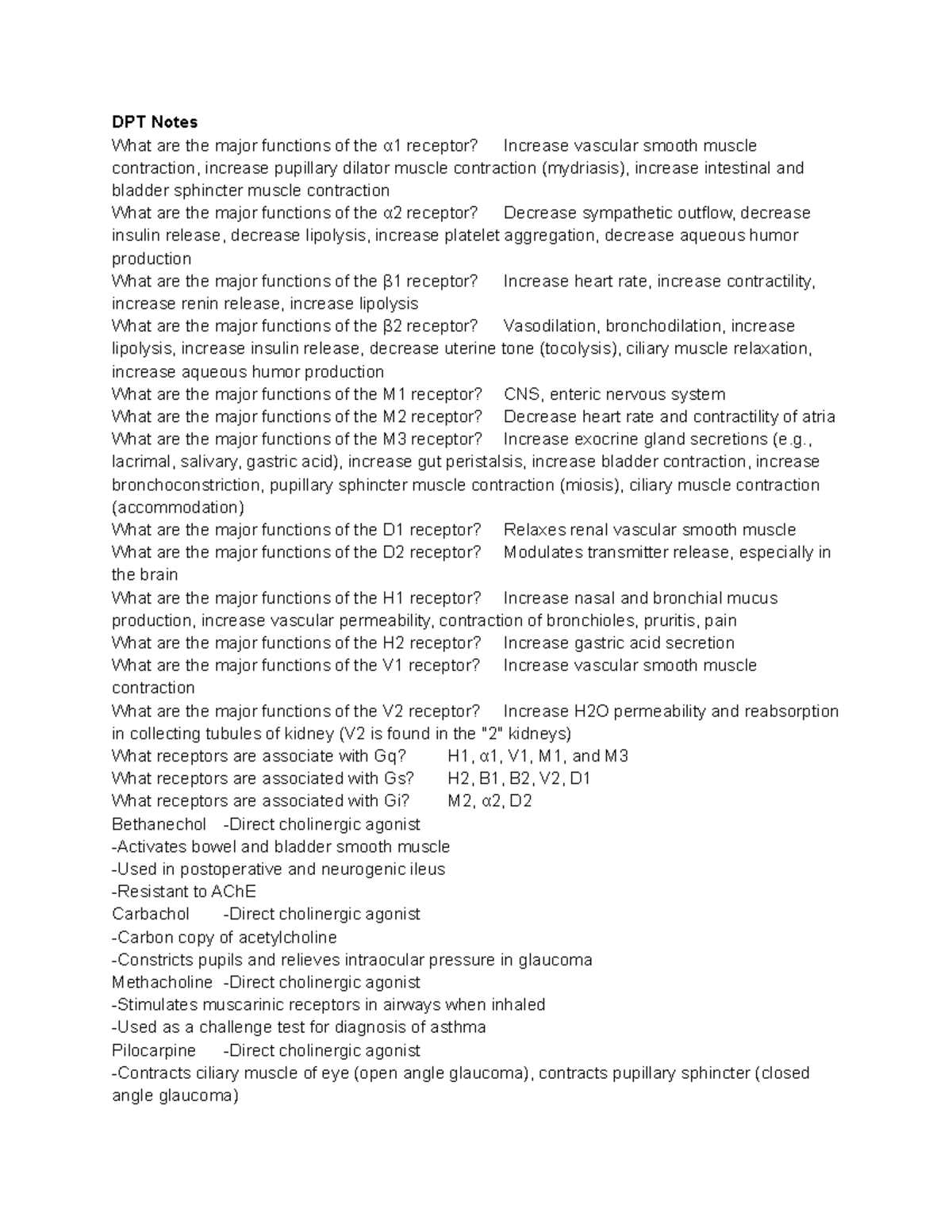 DPT Notes - DPT Notes What are the major functions of the α1 receptor ...