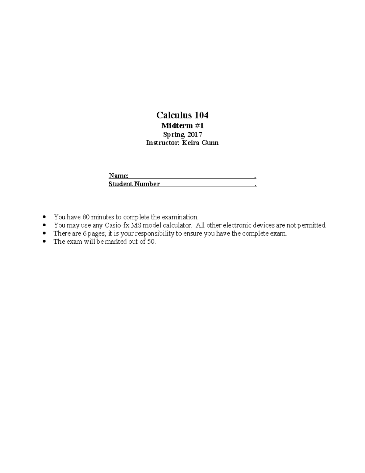 104 M1a 2017 spring - test - Calculus 104 Midterm Spring, 2017 ...