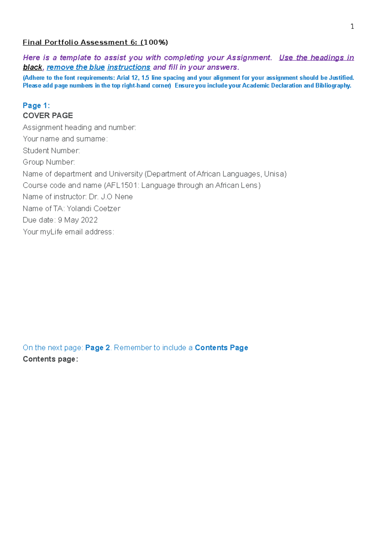 AFL1501 portfolio - Final Portfolio Assessment 6: (100%) Here is a template to assist you with ...