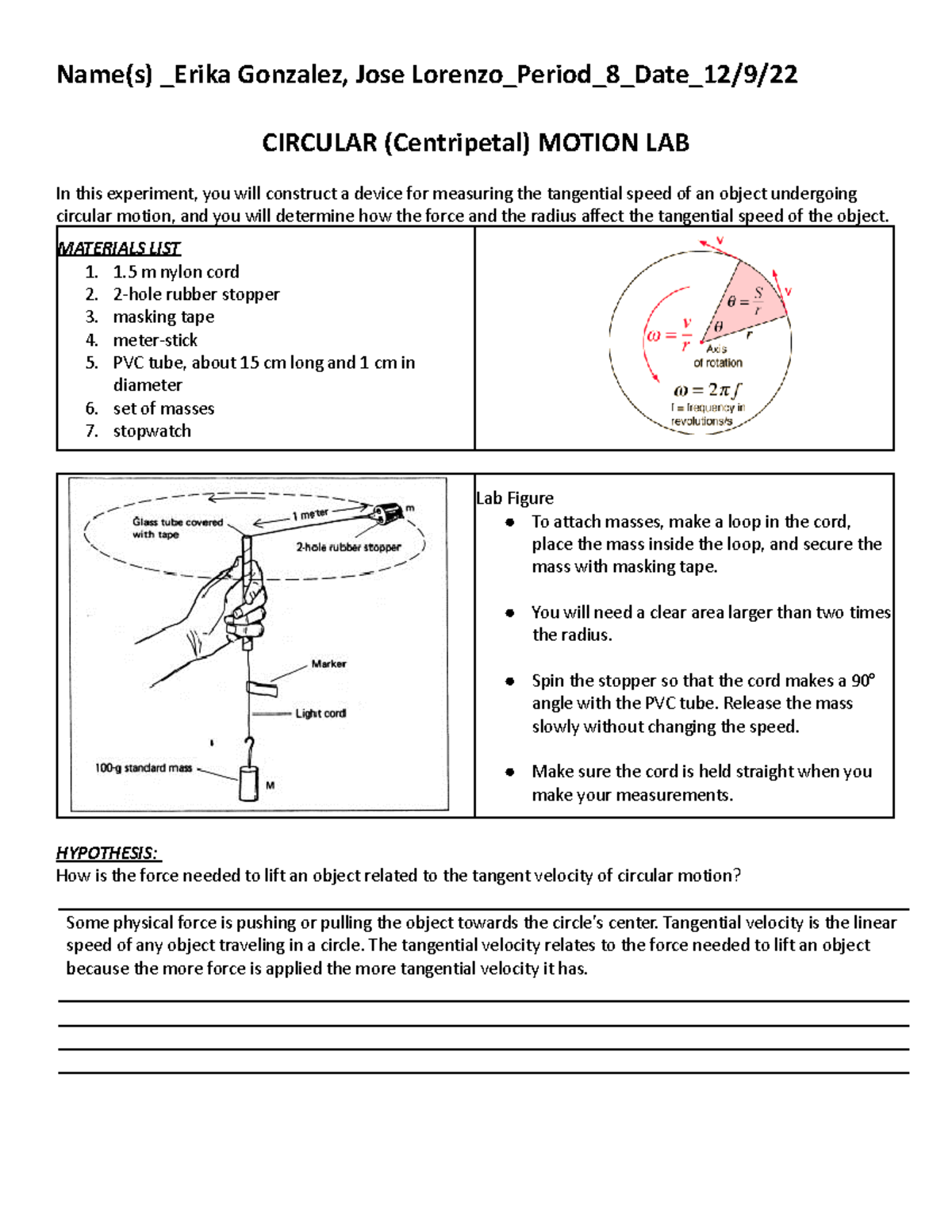22 23 Lab Centripetal Force - Name(s) _Erika Gonzalez, Jose Lorenzo ...