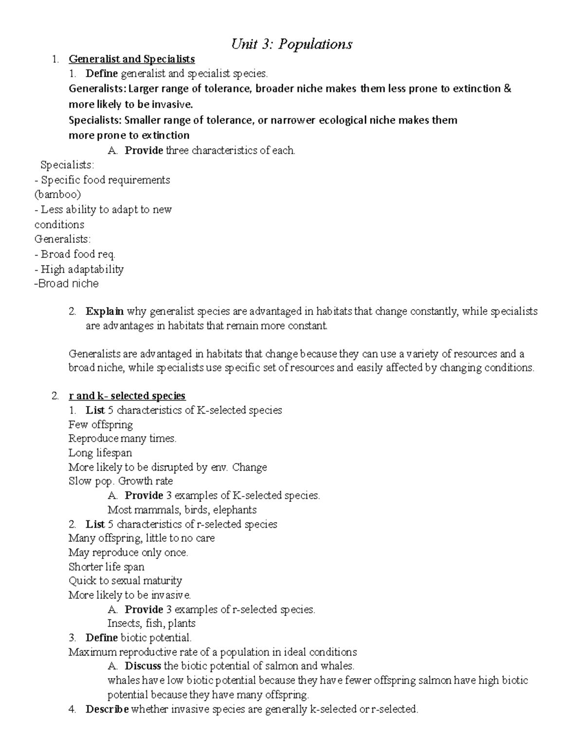 Unit review 3 Populations - 1. Generalist and Specialists 1. Define ...