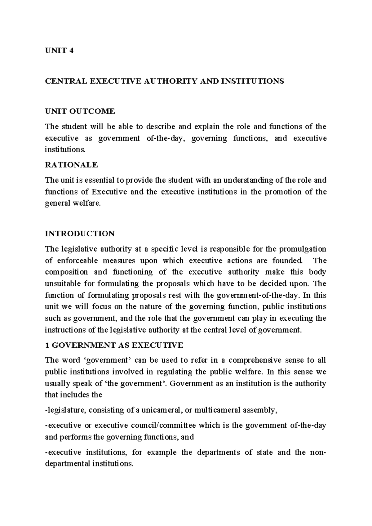 UNIT 4 PADM1A2governancy - UNIT 4 CENTRAL EXECUTIVE AUTHORITY AND ...