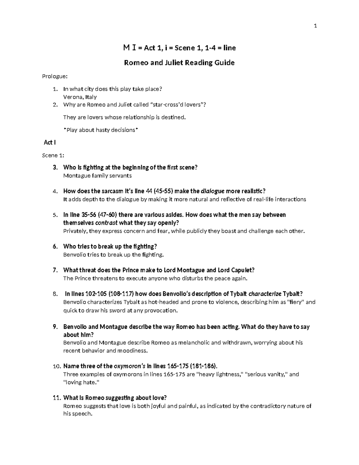 Revised R&J Reading Guide (24) - M I = Act 1, i = Scene 1, 1-4 = line ...