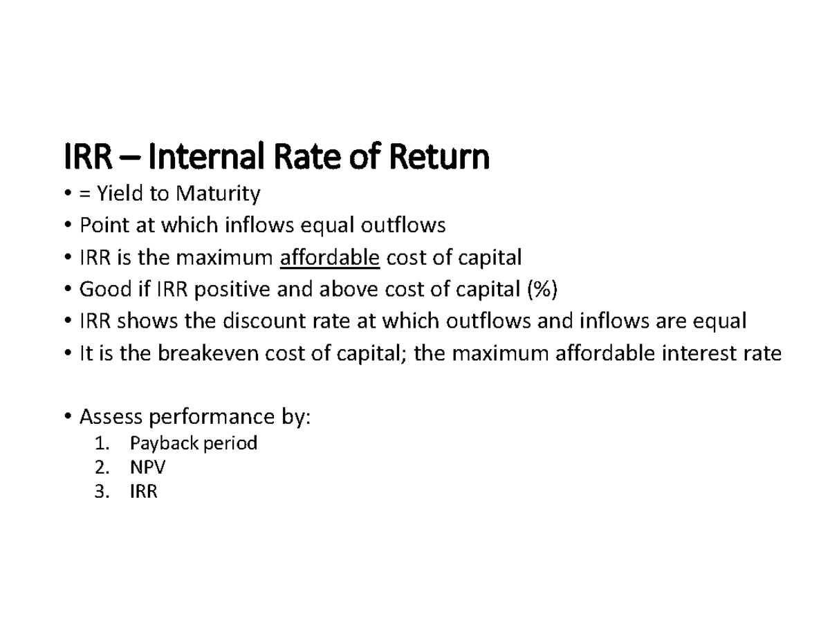 My Revision Notes - IRR – IŶterŶal Rate of ReturŶ = Yield to MatuƌitLJ ...