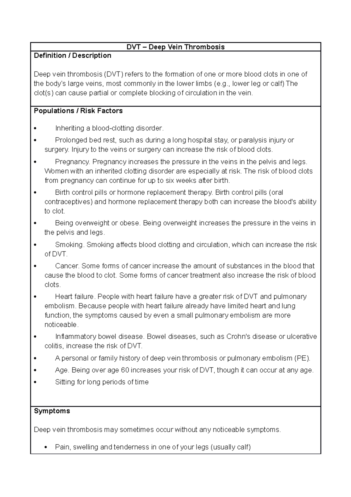 DVT - clinical pattern sheets - DVT – Deep Vein Thrombosis Definition ...