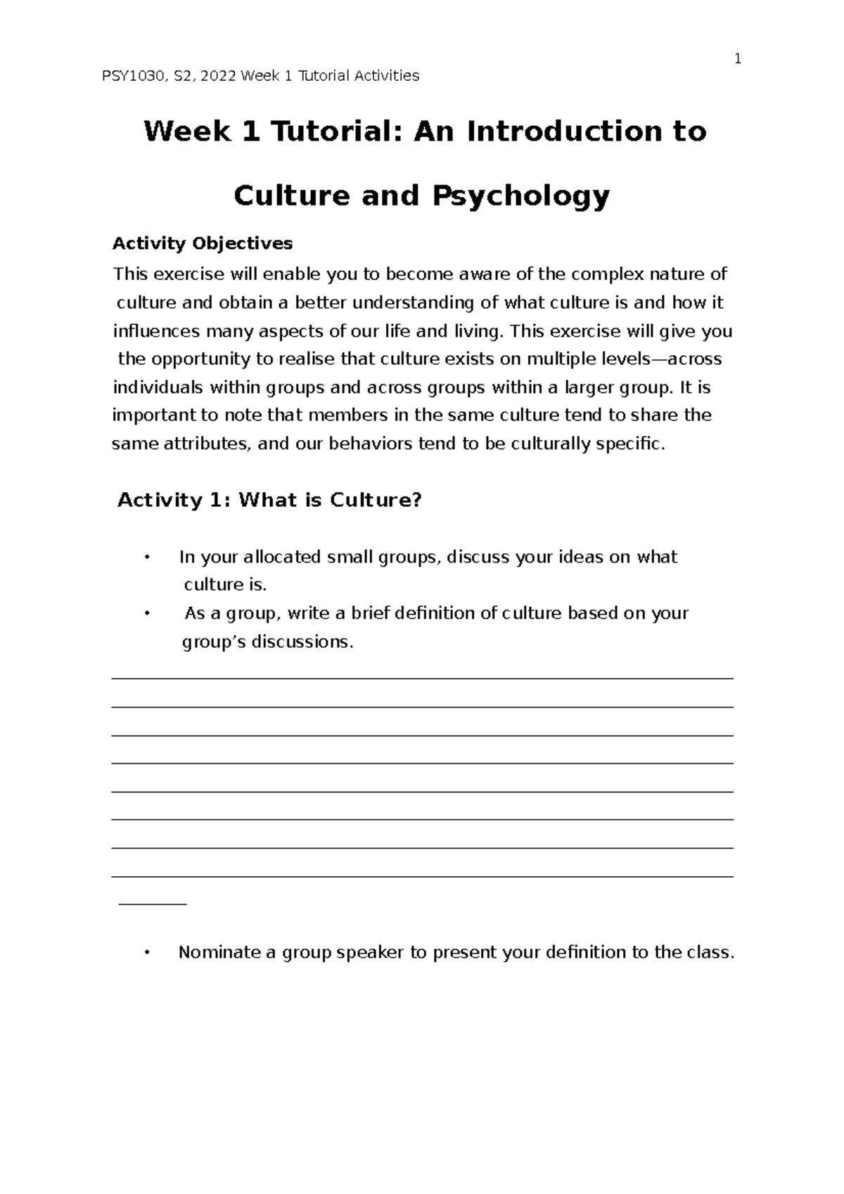 Week 1 Class Activities Worksheet - PSY1030, S2, 2022 Week 1 Tutorial ...
