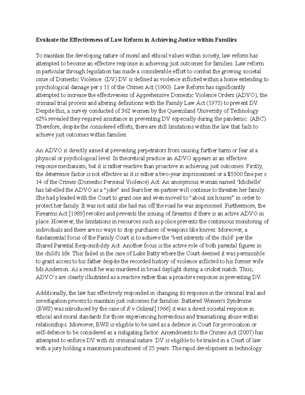 Legal Studies Family Law Essay - Evaluate the Effectiveness of Law ...