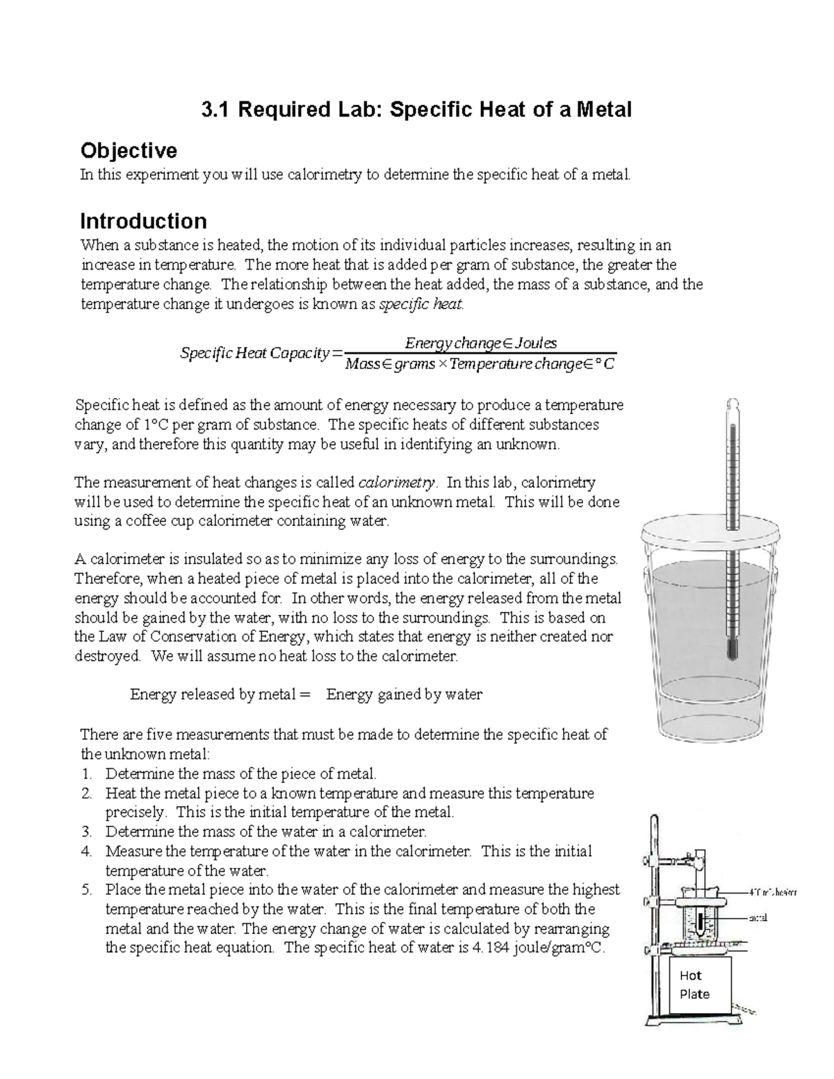 Required Lab 3.1 First Year - 3 Required Lab: Specific Heat of a Metal ...