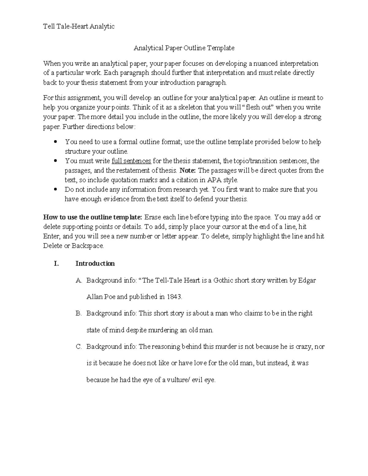 ENGL 240 Analytical Outline Template - Analytical Paper Outline ...