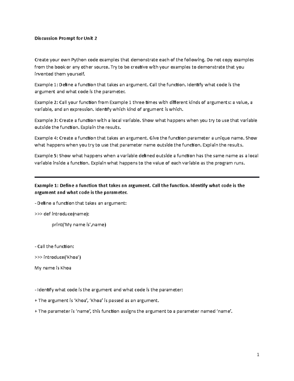 CS 1101 Discussion Prompt for Unit 2 - Discussion Prompt for Unit 2 Create your own Python code ...